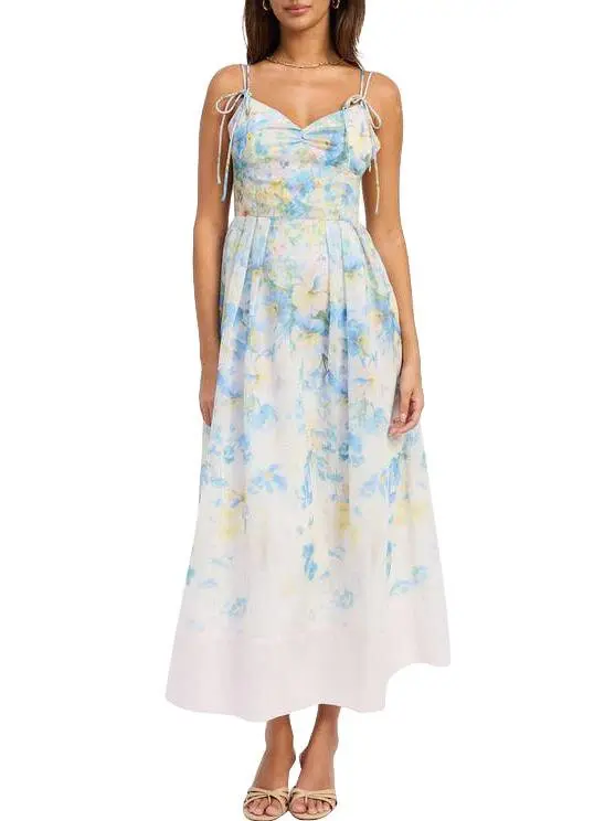 EN SAISON Vivian Tie Straps Midi Dress - Ivory Blue Yellow