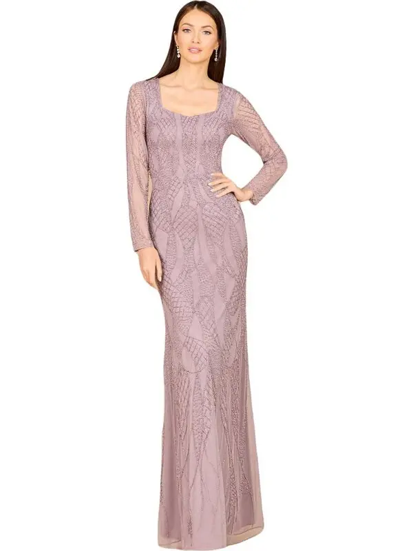 LARA NEW YORK V-neck Beaded Long Sleeve Gown - Dusty Lavender
