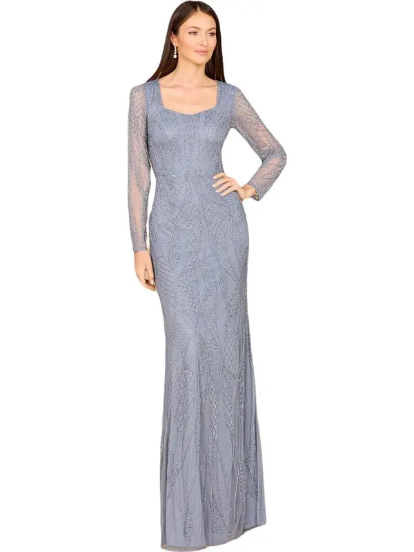 LARA NEW YORK V-neck Beaded Long Sleeve Gown - Dusty Periwinkle