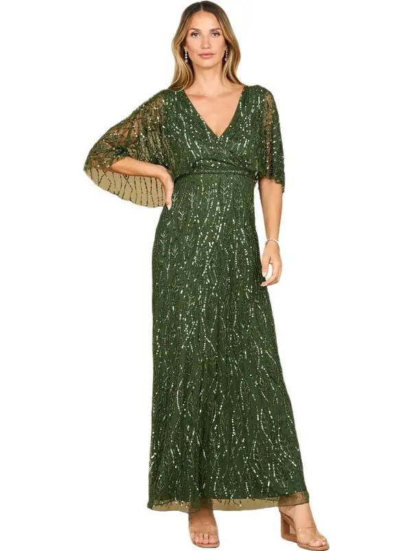 LARA NEW YORK Beaded Gown With Cape Sleeves - Emerald