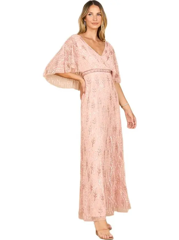 LARA NEW YORK Beaded Gown With Cape Sleeves - Light Pink