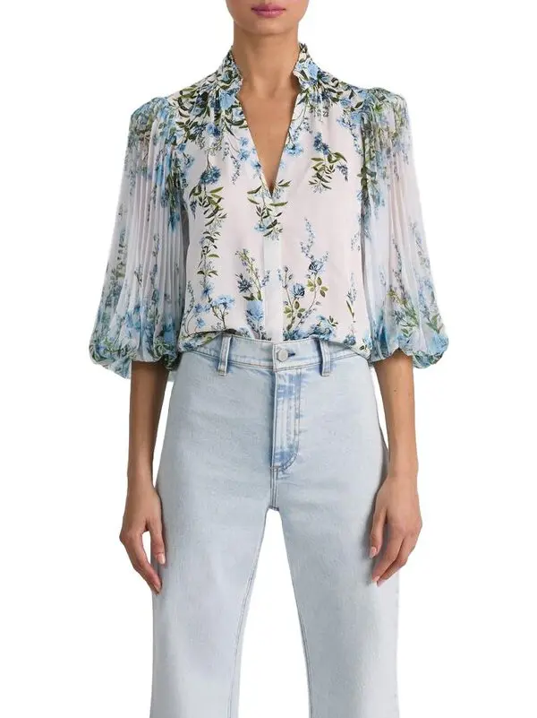 Alice + Olivia Ilan Floral Pleated-sleeve Shirt - Fresh Air Carolina Blue