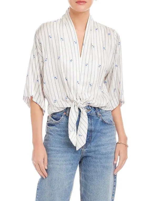 Fifteen Twenty Floral Stripe Tie-front Top - Cream/blue