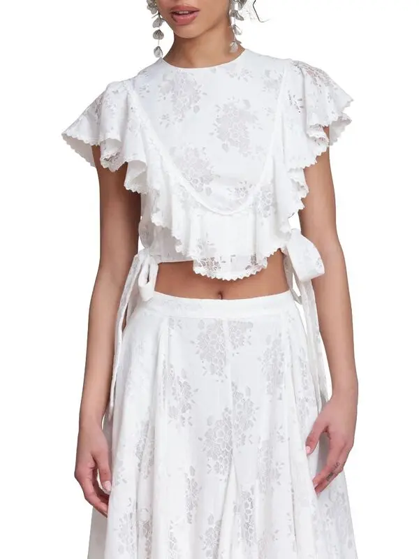 Avec Les Filles Lace And Ruffle Crop Top - White