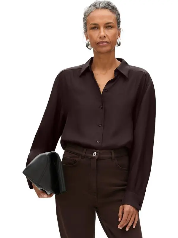 Another Tomorrow Silk Pleat Back Shirt - Chocolate
