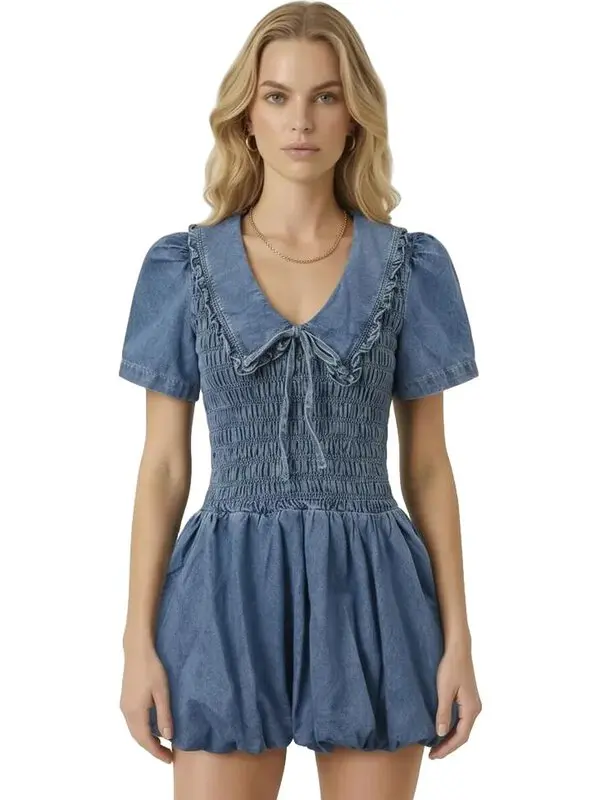 MODENAIRE Smocked Ruffle Collar Mini Dress - Medium Wash Blue