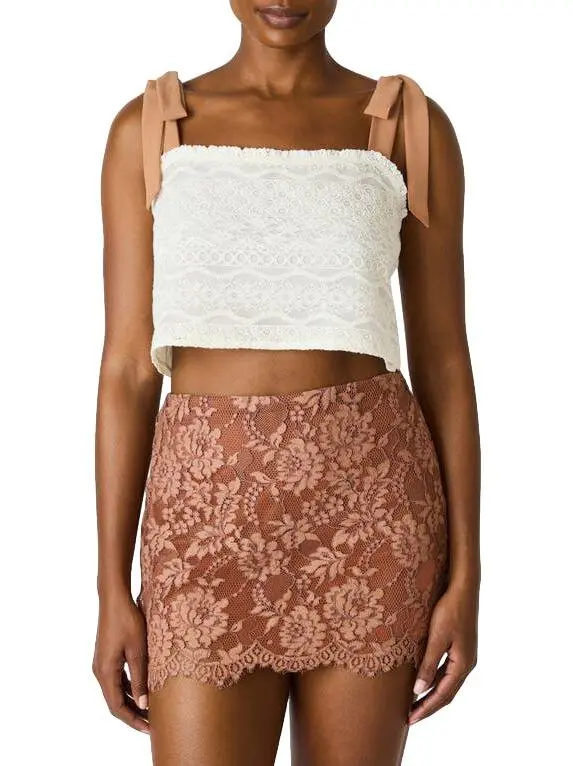 Steve Madden Floral Lace Tie Shoulder Crop Top - Light Cream