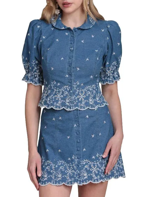 Avec Les Filles Embroidered Puff Sleeve Chambray Shirt - Needle Blue