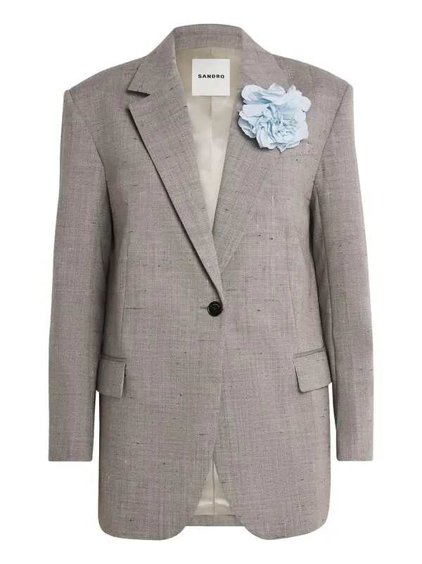 Sandro Wool-blend Blazer With Floral Brooch - Beige