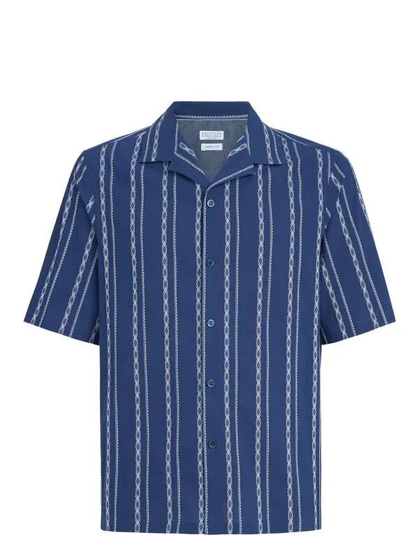 Brunello Cucinelli Stretch-cotton Stripe Short-sleeve Shirt - Blue
