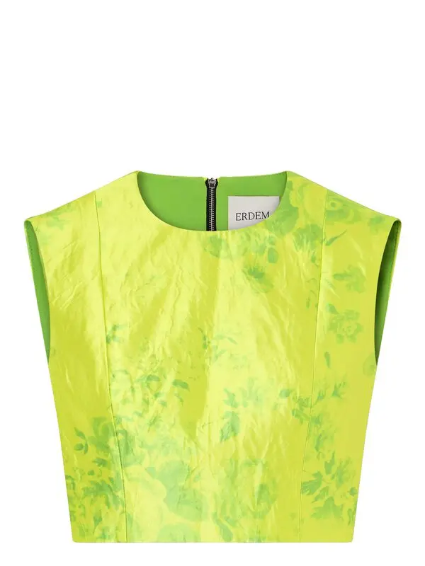 Erdem Floral-print Crinkled-satin Top - Green