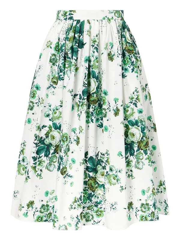 Erdem Pleated Floral-print Cotton-poplin Midi Skirt - Green