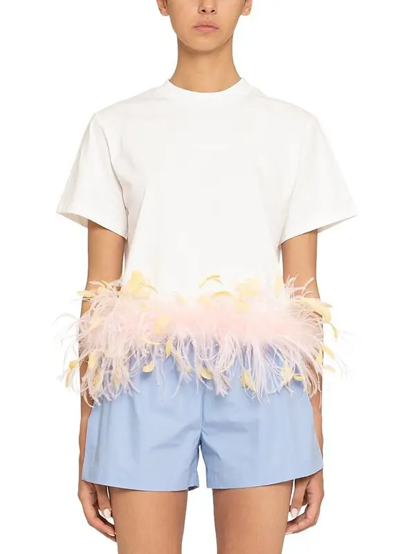 DES_PHEMMES Feather Trim Tee - Off White