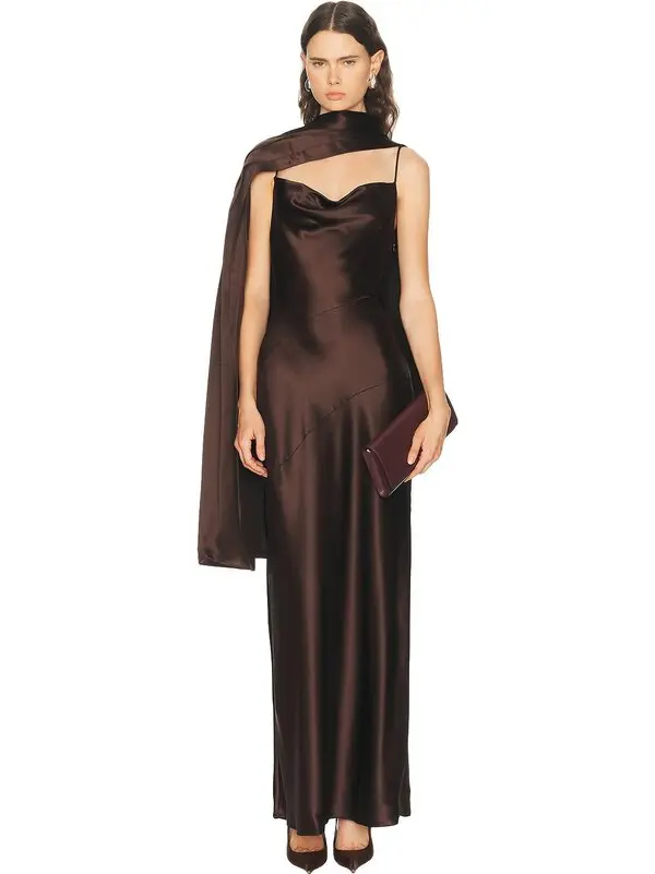 NICHOLAS Nelia Maxi Slip Dress With Detachable Scarf - Espresso