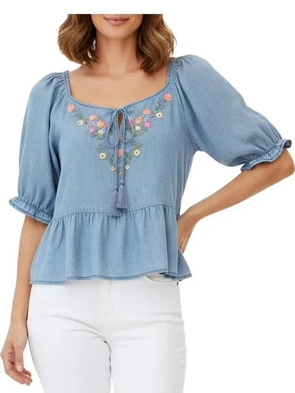 BILLY T Embroidered Denim Top - Pure Denim