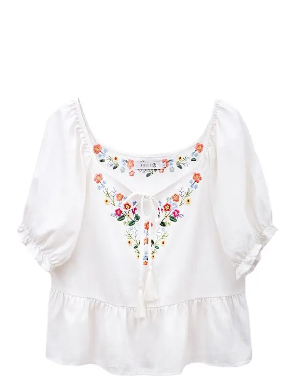 BILLY T Embroidered Denim Top - White Flower