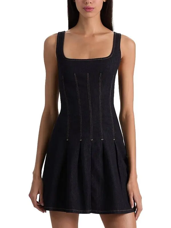 Alice + Olivia Hollis Flared Denim Dress - Dark Rinse