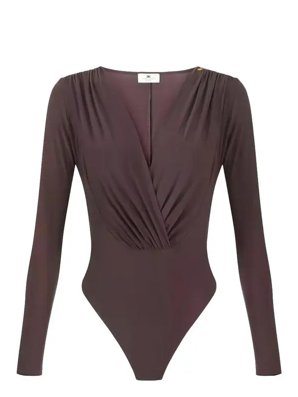 Elisabetta Franchi Draped Georgette Bodysuit With Metal Logo Detail - Brown