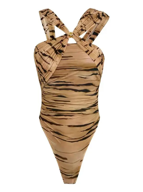 Elisabetta Franchi Bodysuit With Tiger Print And Jewelled Clasp - Neutrals