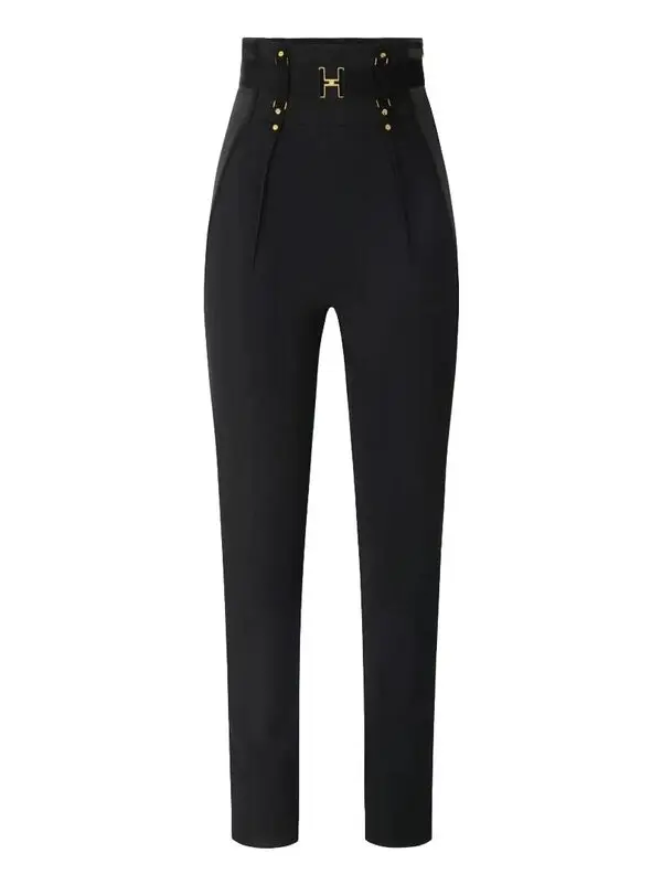 Elisabetta Franchi High-waisted Slim Fit Trousers With Satin Inserts And Logo Belt - Black