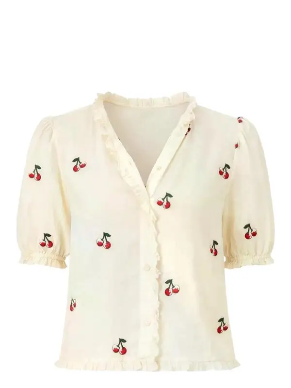 TWINSET Cherry Embroidered Ruffled Shirt - Neutrals