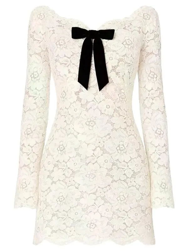 Retrofete Perdita Lace Mini Dress With Bow - White