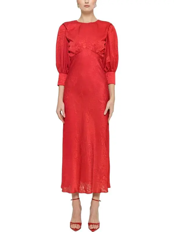 NISSA Puff-sleeve Floral Midi Dress - Red
