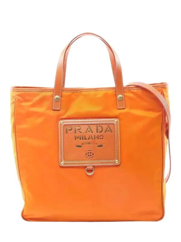 Prada Saffiano Trimmed Tessuto Logo Plate Tote Satchel - Orange