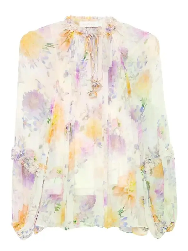 Zimmermann Luna Ruffled Floral Blouse - Neutrals
