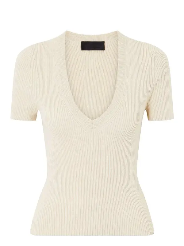 NILI LOTAN Ribbed-knit Cotton And Silk-blend T-shirt - Neutral