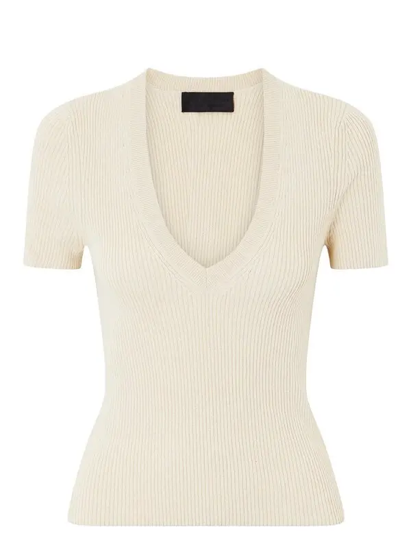 NILI LOTAN Ribbed-knit Cotton And Silk-blend T-shirt - Neutrals