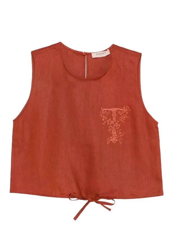 TWINSET Embroidered Sleeveless Crop Top - Brown