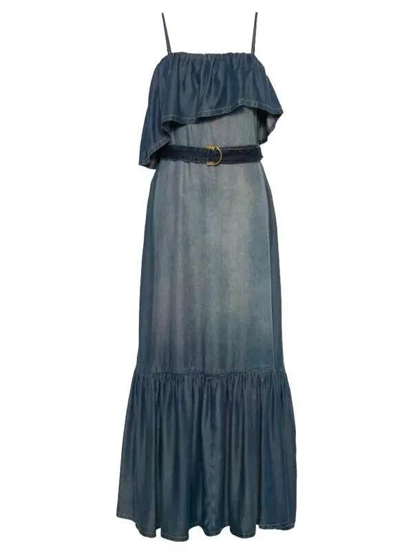Pinko Ruffled Belted Denim Maxi Dress - Blue