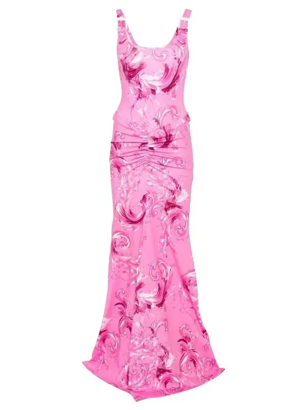 Versace Printed Ruched Maxi Dress - Pink