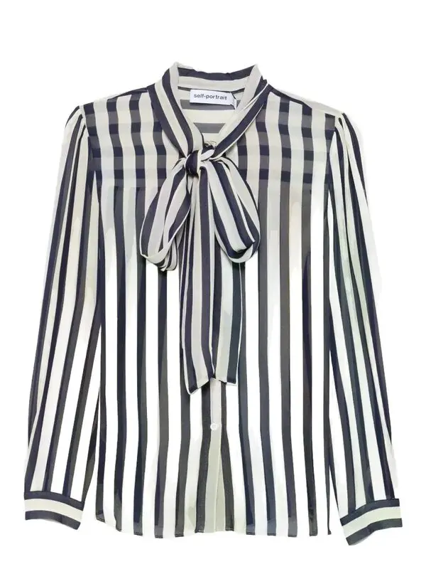 SELF-PORTRAIT Striped Tie Neck Blouse - Blue