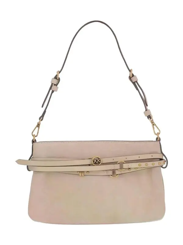 Pinko Suede Shoulder Bag With Metal Logo - Neutrals