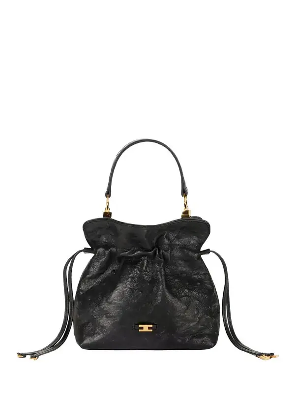 Elisabetta Franchi Leather Tote Bag With Ostrich Texture And Drawstring Closure - Black