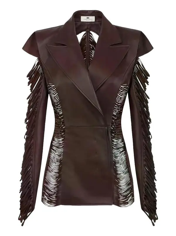 Elisabetta Franchi Double-breasted Leather Jacket With Fringe - Brown