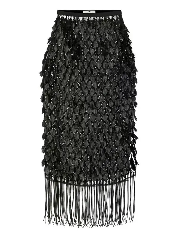 Elisabetta Franchi Embroidered Fringed Midi Skirt - Black