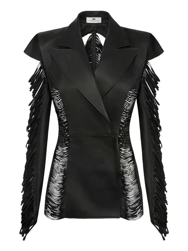 Elisabetta Franchi Double-breasted Fringed Leather Jacket - Black