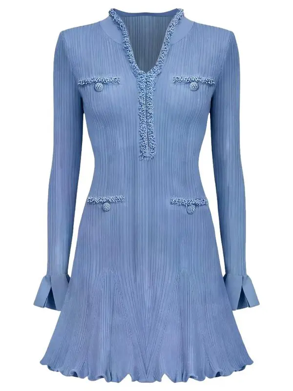 SELF-PORTRAIT Pearl Trim Mini Knit Dress - Blue