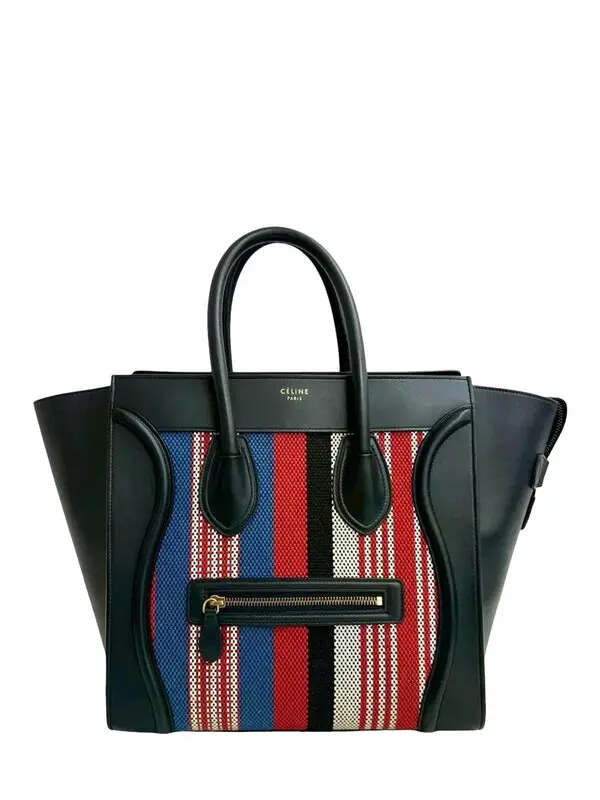 Celine Mini Striped Canvas And Leather Luggage Tote Handbag - Blue