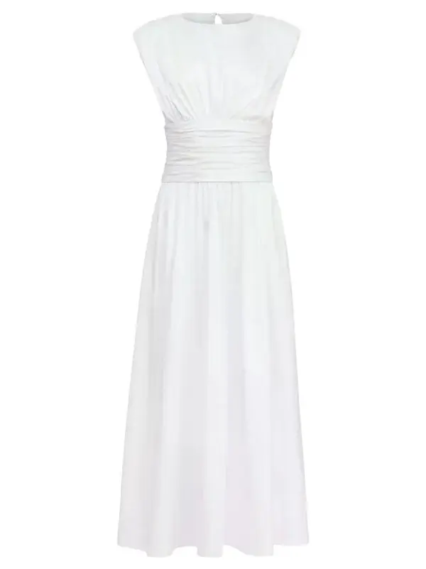 TOCCIN Evangeline Strong-shoulder Ruched Midi Cotton Dress - White