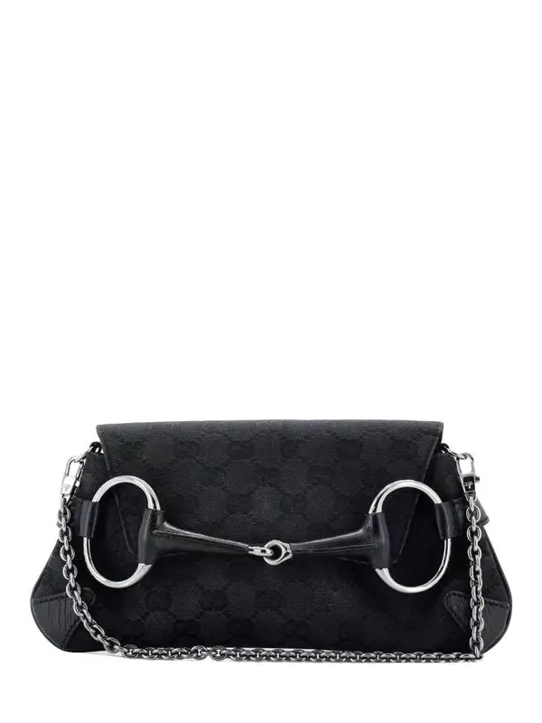 Gucci Horsebit Chain Gg Canvas Medium Clutch - Black