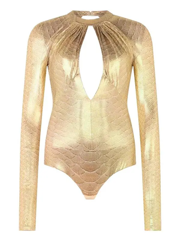 Roberto Cavalli Scale Print Open Back Bodysuit - Gold