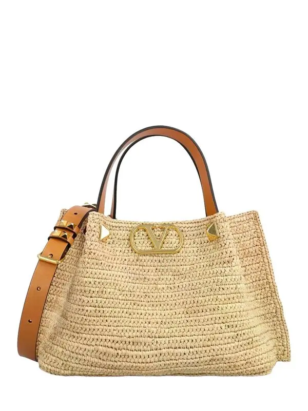 Valentino Garavani Logo-detail Raffia Tote Bag - Neutrals