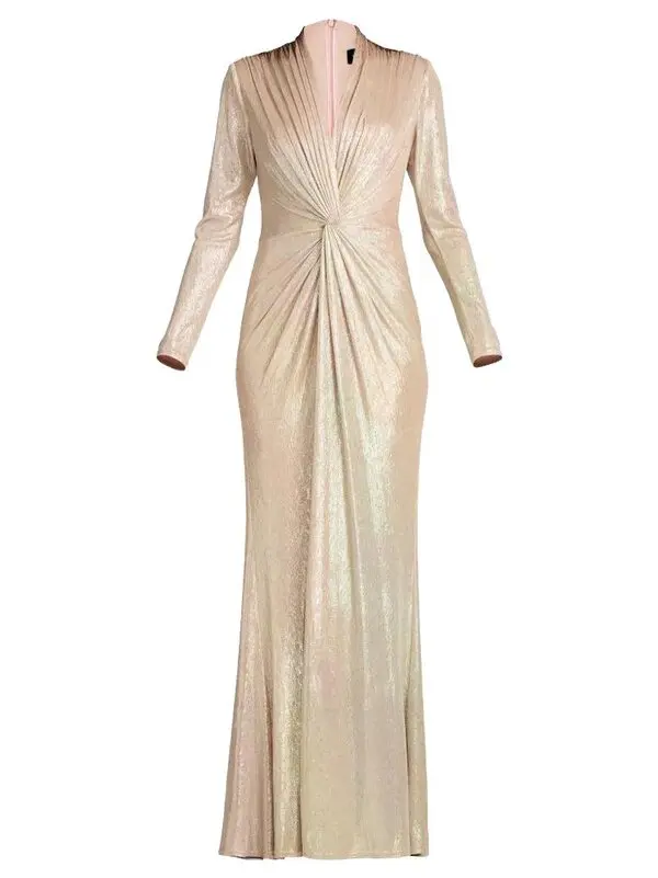 Tadashi Shoji Long-sleeve V-neck Maxi Dress - Gold