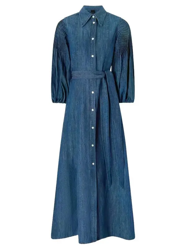 Pinko Shirred Belted Denim Shirt Dress - Blue