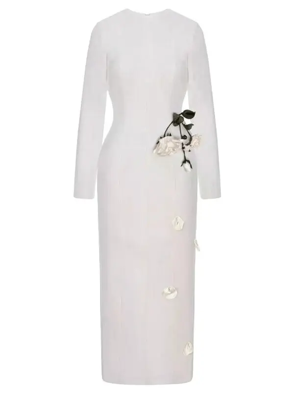 CRISTINA SAVULESCU Rose-appliqué Long-sleeved Midi Dress - White