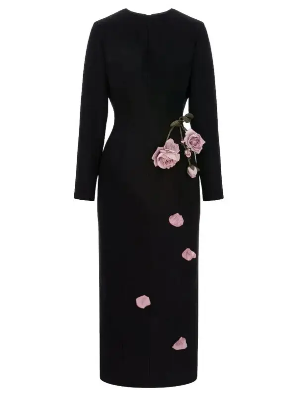 CRISTINA SAVULESCU Rose-appliqué Long-sleeved Midi Dress - Black